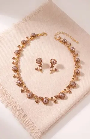 MODENAIRE Pearl And Crystal Floral Necklace And Earrings Set