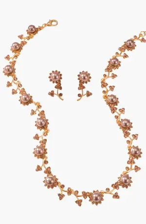 MODENAIRE Pearl And Crystal Floral Necklace And Earrings Set