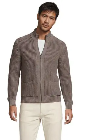 LANDS' END Long Sleeve Drifter Full Zip Cardigan Sweater - Light Bark Heather