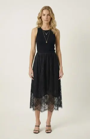 MODENAIRE Layered Lace Midi Skirt With Sheer Hem - Black