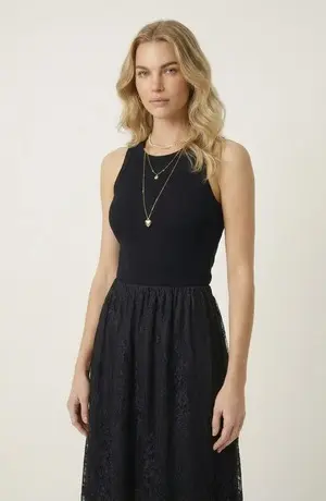 MODENAIRE Layered Lace Midi Skirt With Sheer Hem - Black
