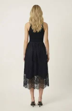 MODENAIRE Layered Lace Midi Skirt With Sheer Hem - Black