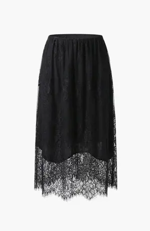 MODENAIRE Layered Lace Midi Skirt With Sheer Hem - Black