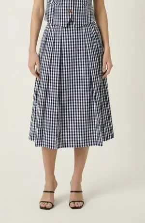 MODENAIRE High Waist Pleated Gingham Midi Skirt - Blue