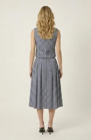 MODENAIRE High Waist Pleated Gingham Midi Skirt