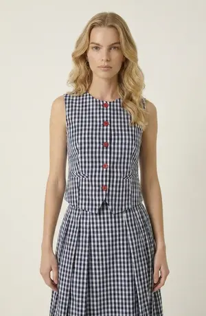 MODENAIRE High Waist Pleated Gingham Midi Skirt