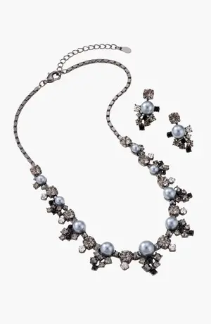MODENAIRE Faux Pearl Crystal Statement Necklace And Earring Set