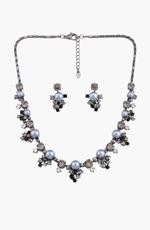 MODENAIRE Faux Pearl And Crystal Statement Necklace And Earring Set - Black