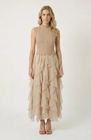 MODENAIRE Sleeveless Knit Dress With Crochet Detail And Tiered Ruffle Skirt - Tan