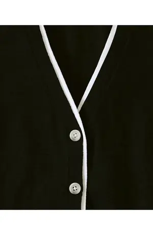 LANDS' END Double Trim Cotton V-neck Cardigan Sweater - Black/white
