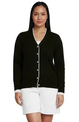LANDS' END Double Trim Cotton V-neck Cardigan Sweater - Black/white