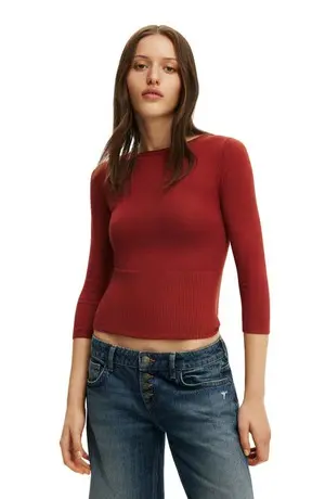 COTTON ON Close Knit Boat Neck Long Sleeve Top Russet