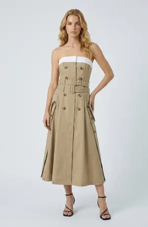 MODENAIRE Strapless Trench Midi Dress With Double Belt Detail