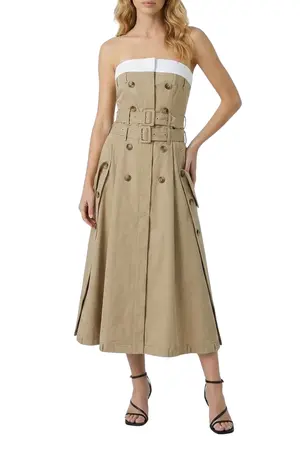 MODENAIRE Strapless Trench Midi Dress With Double Belt Detail - Beige