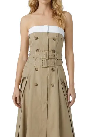 MODENAIRE Strapless Trench Midi Dress With Double Belt Detail