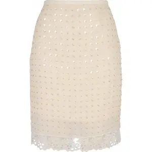 MODENAIRE Embellished Sequin Lace Hem Mini Skirt - Beige