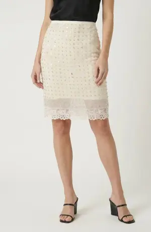 MODENAIRE Embellished Sequin Lace Hem Mini Skirt