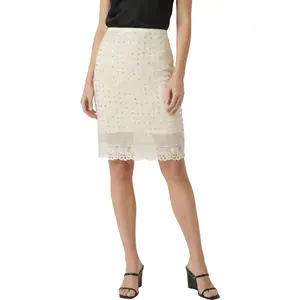 MODENAIRE Embellished Sequin Lace Hem Mini Skirt - Beige