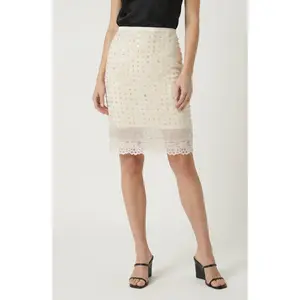 MODENAIRE Embellished Sequin Lace Hem Mini Skirt - Beige