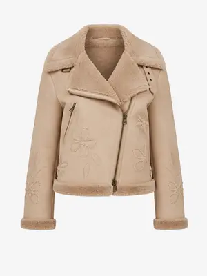 MINE BILGI Eco Embroidered Merino Curly Shearling Biker Jacket - Chalk