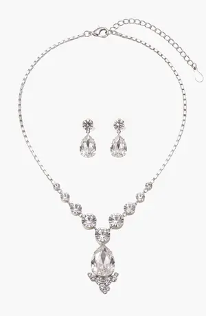 MODENAIRE Teardrop Crystal Necklace And Earrings Set - Silver