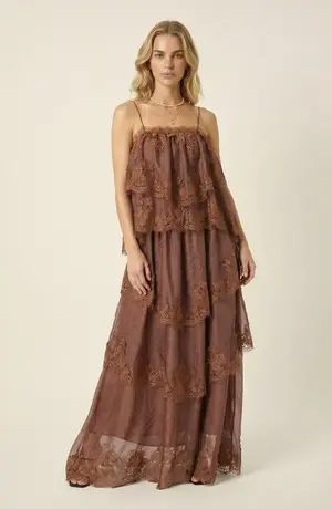 MODENAIRE Sleeveless Lace Tiered Maxi Dress - Brown