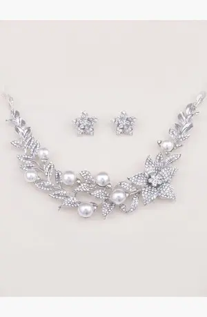 MODENAIRE Pearl Crystal Sharp Petal Necklace And Earring Set - Silver