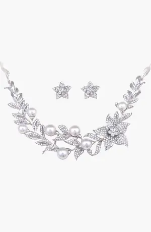 MODENAIRE Pearl Crystal Sharp Petal Necklace And Earring Set - Silver