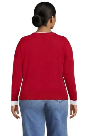LANDS' END Double Trim Crew Neck Sweater - Compass Red/white