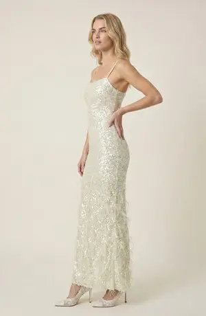 MODENAIRE Sequin Mermaid Maxi Dress With Feather Trim