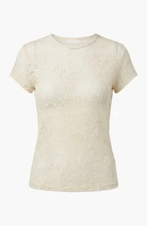 MODENAIRE Sheer Lace Fitted Floral Mesh Overlay Tee - Beige