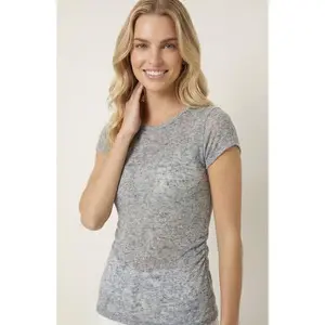 MODENAIRE Sheer Lace Fitted Floral Mesh Overlay Tee - Gray