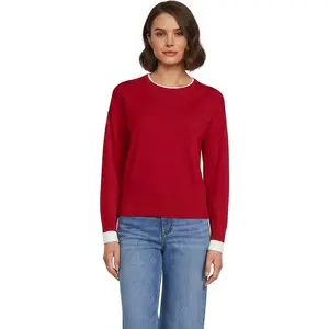 LANDS' END Double Trim Crew Neck Cotton Sweater - Compass Red/white