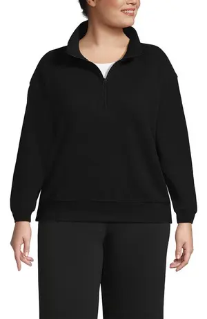 LANDS' END Serious Sweats Relaxed Quarter Zip Pullover - Black