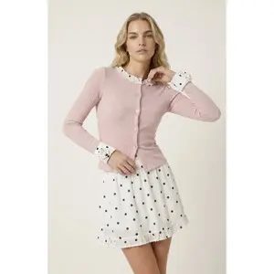 MODENAIRE Ribbed Knit Cardigan And Polka Dot Skirt Set - Pink