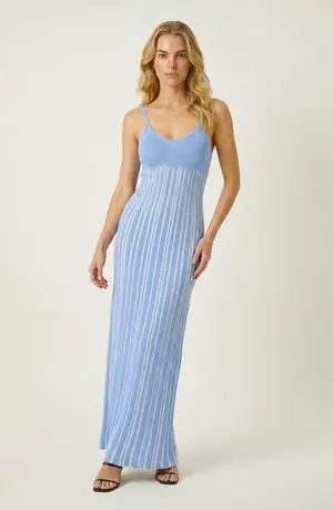 MODENAIRE Sleeveless Knitted Striped Maxi Dress With Spaghetti Straps - Blue