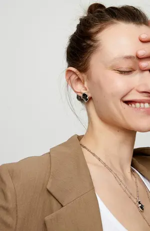 UNODE50 Sterling Plated Earrings With Black Faceted Crystal