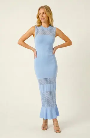 MODENAIRE Sleeveless Knit Dress With Mesh Detail And Flared Hem - Blue