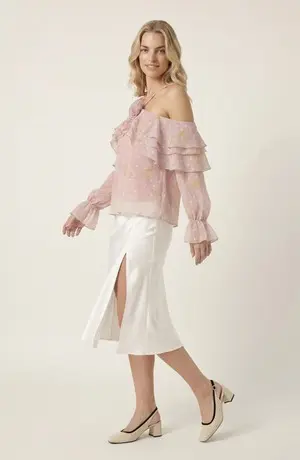 MODENAIRE Sheer Cold-shoulder Floral Applique Ruffle Trim Blouse