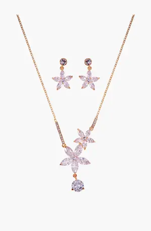MODENAIRE Flower Crystal Necklace And Earrings Set - Gold
