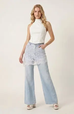 MODENAIRE Wide Leg Pants With Lace Overlay