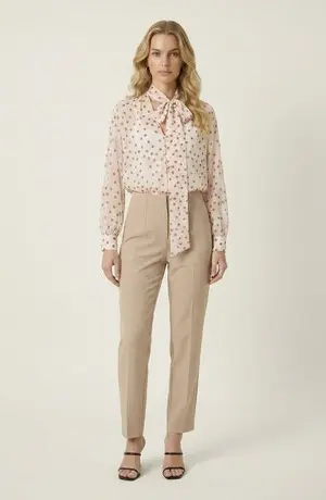 MODENAIRE Summer Polka Dot Tie Neck Long Sleeve Blouse