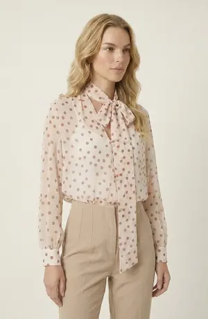 MODENAIRE Polka Dot Tie Neck Long Sleeve Sheer Blouse - Red