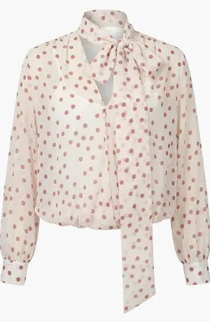 MODENAIRE Polka Dot Tie Neck Long Sleeve Sheer Blouse - Red