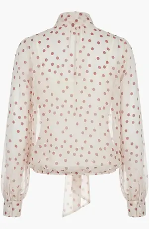 MODENAIRE Polka Dot Tie Neck Long Sleeve Sheer Blouse - Red