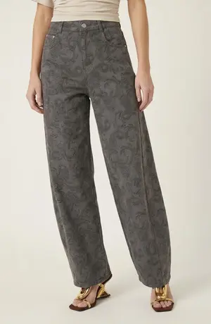 MODENAIRE Textured Floral Wide Leg Pants - Charcoal