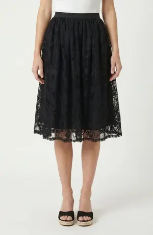 MODENAIRE High-waist Lace Overlay Mini Skirt With Sheer Hem - Black
