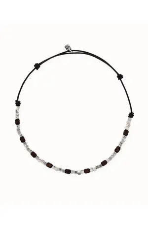 UNODE50 Leather Necklace With Sterling Plated Beads And Wood - Silver