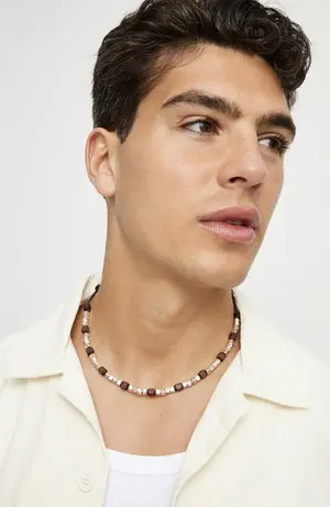 UNODE50 Leather Necklace With Sterling Plated Beads And Wood