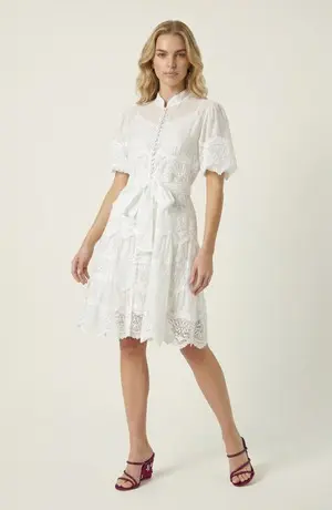 MODENAIRE Lace Trim Puff Sleeve Midi Dress With Waist Tie - White